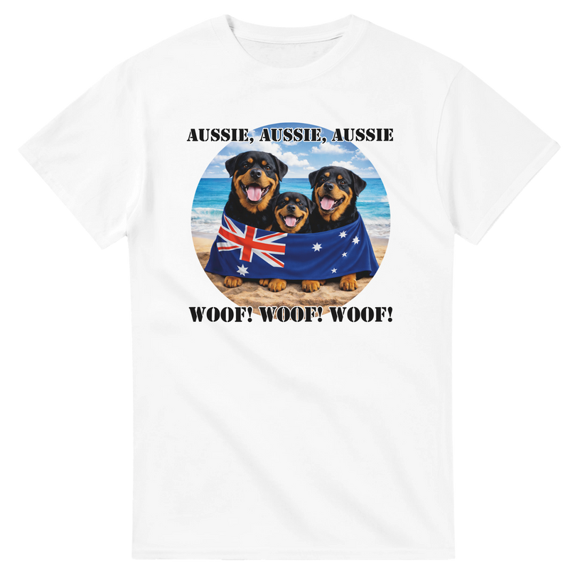 Aussie, Aussie, Aussie 5 - Beach - Round - Black Font - Heavyweight Un ...